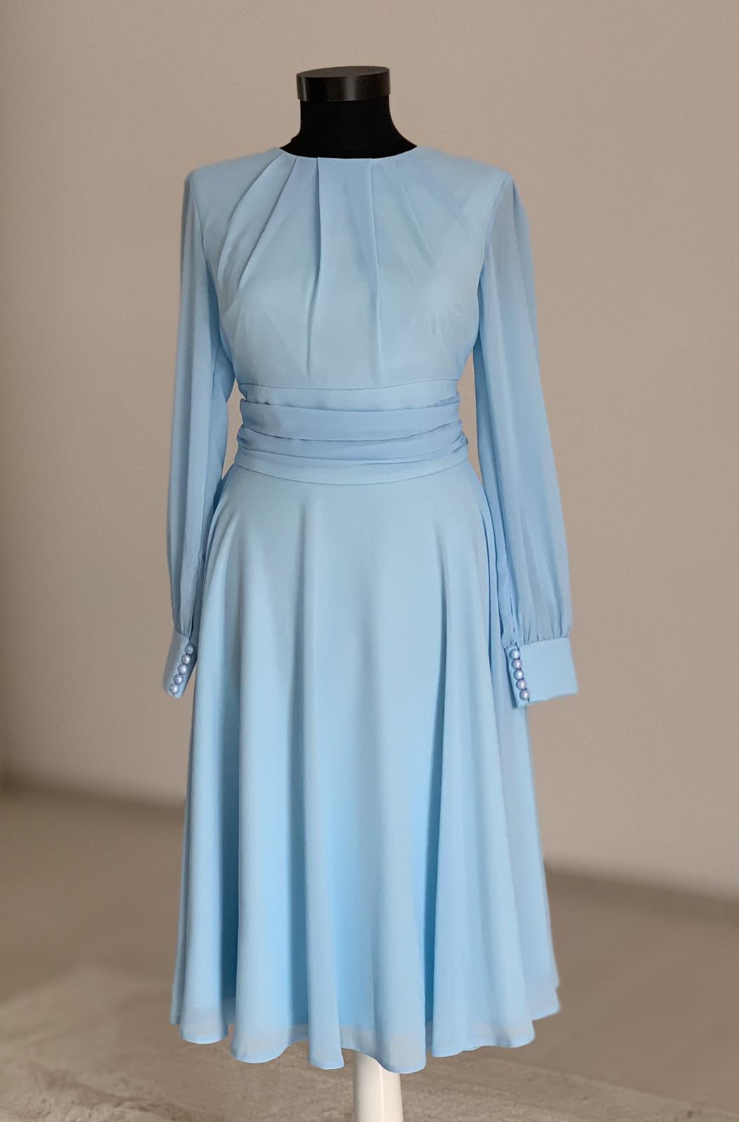 ROCHIE BLEU LARA, pliuri in talie, maneci lungi, pliuri la gat